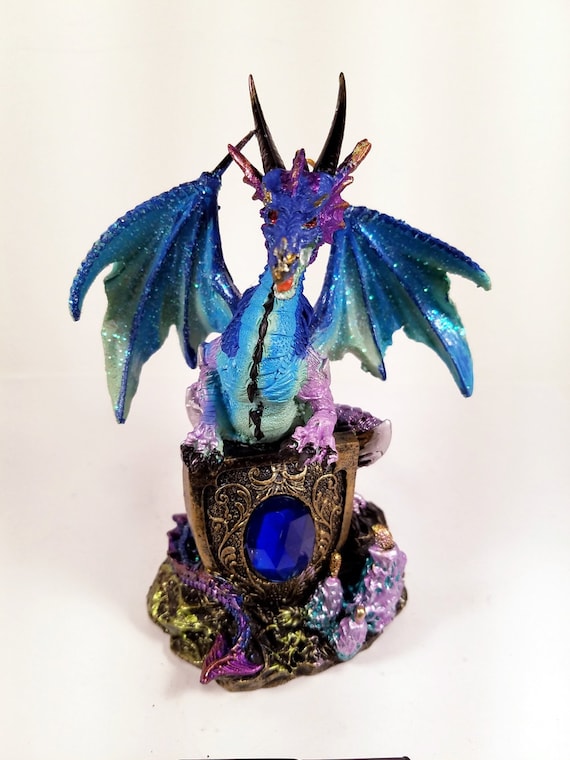 Blue Dragon Holding Shield With Gem on a Rock Collectible - Etsy
