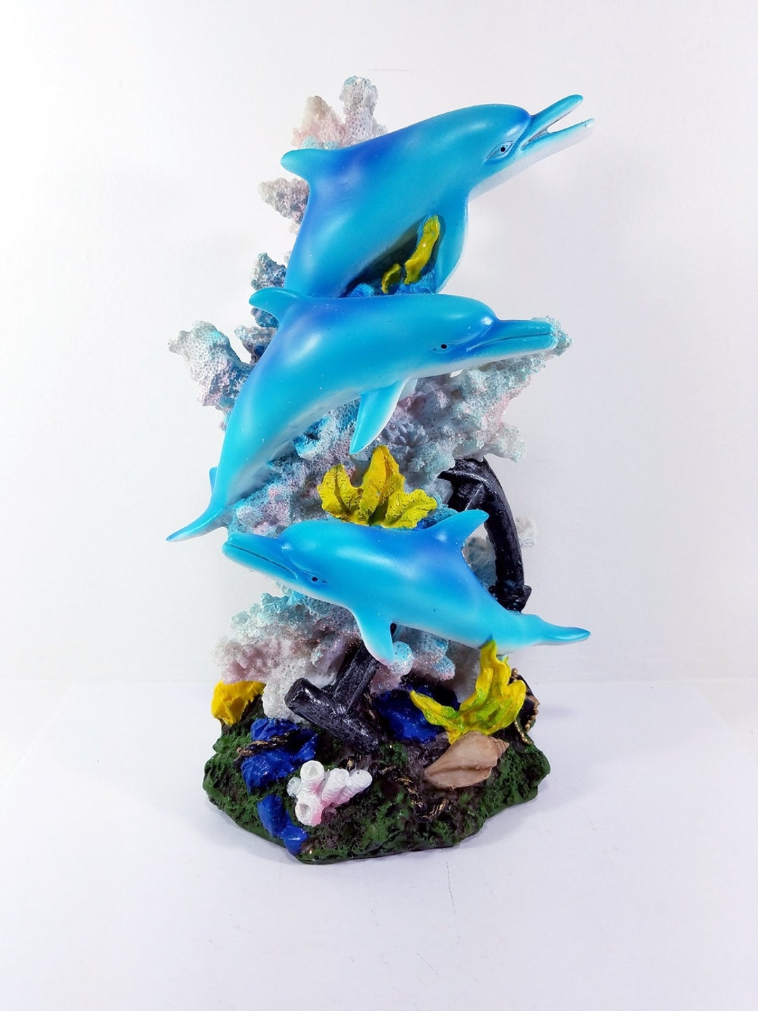 Marine Life Three Dolphins Figurine Statue Playing Around the Coral H ...