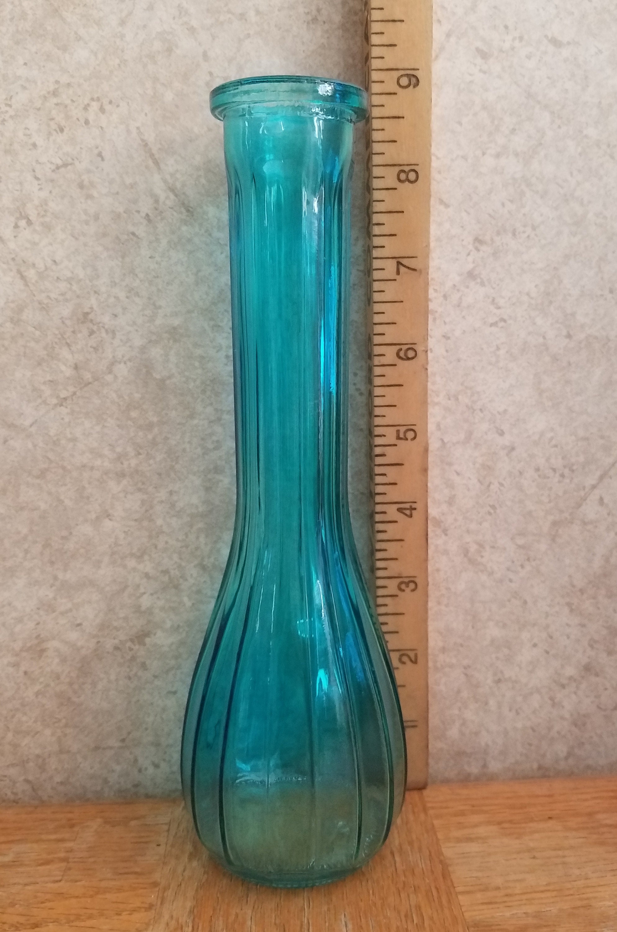 Blue Teal Colored Glass Genie Bulb Bottom Bud, Flower Vase, Height = 8. ...