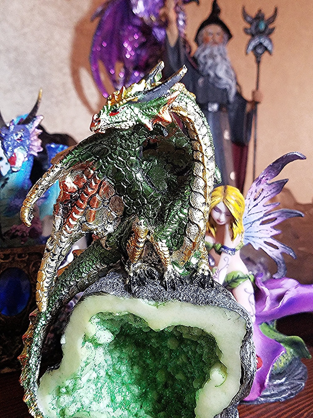 Green Multi Color Dragon Figurine on a Resin Crystal Geode | Etsy