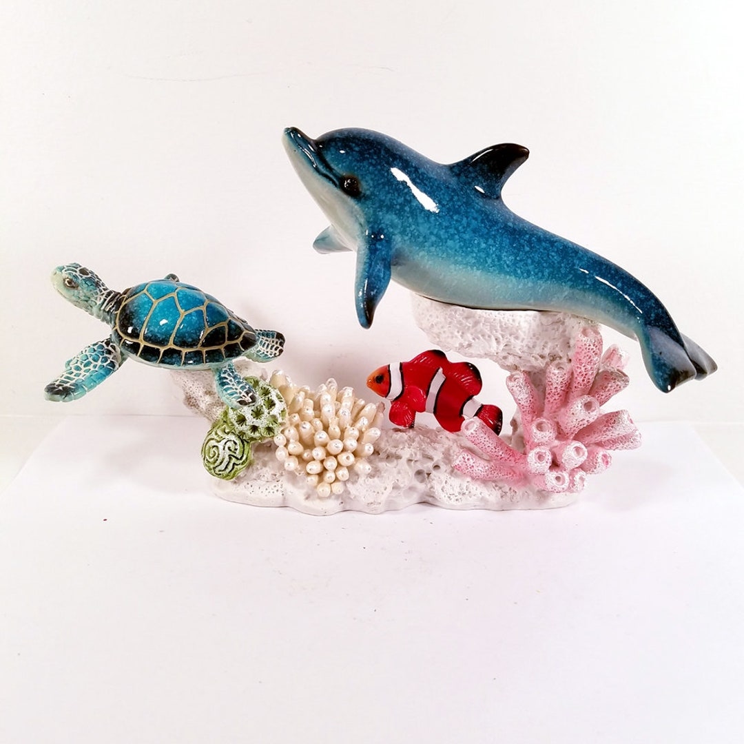 Marine Life Sea Turtle and Dolphin With Bobble Clown Fish on a Coral ...