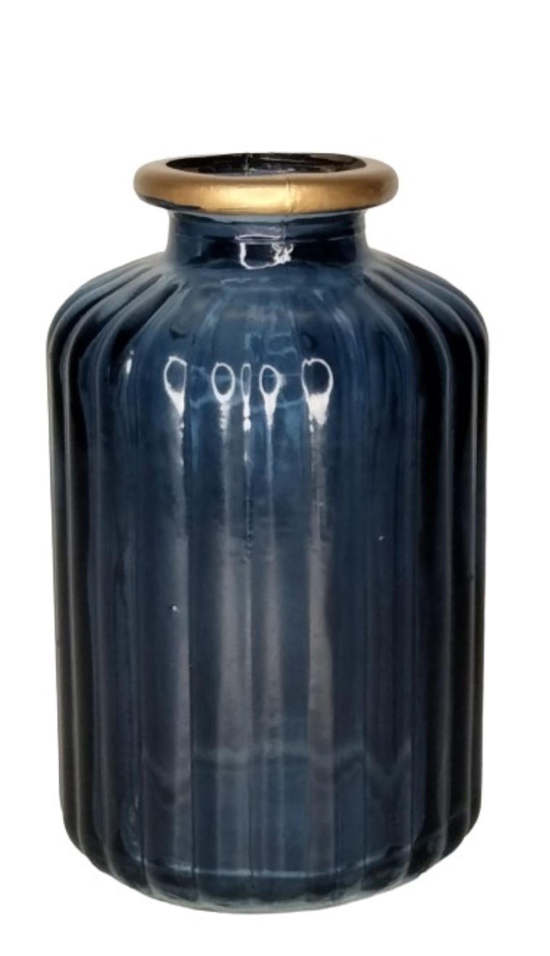 Gold Ringed Top/ Blue Ribbed Glass Bottle / Vase / Diffuser H = 4 ...