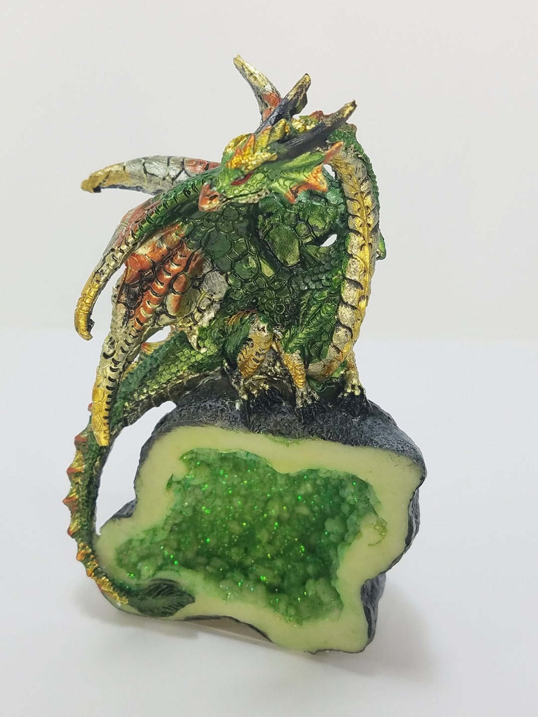 Green Multi Color Dragon Figurine on a Resin Crystal Geode 5.25" High ...