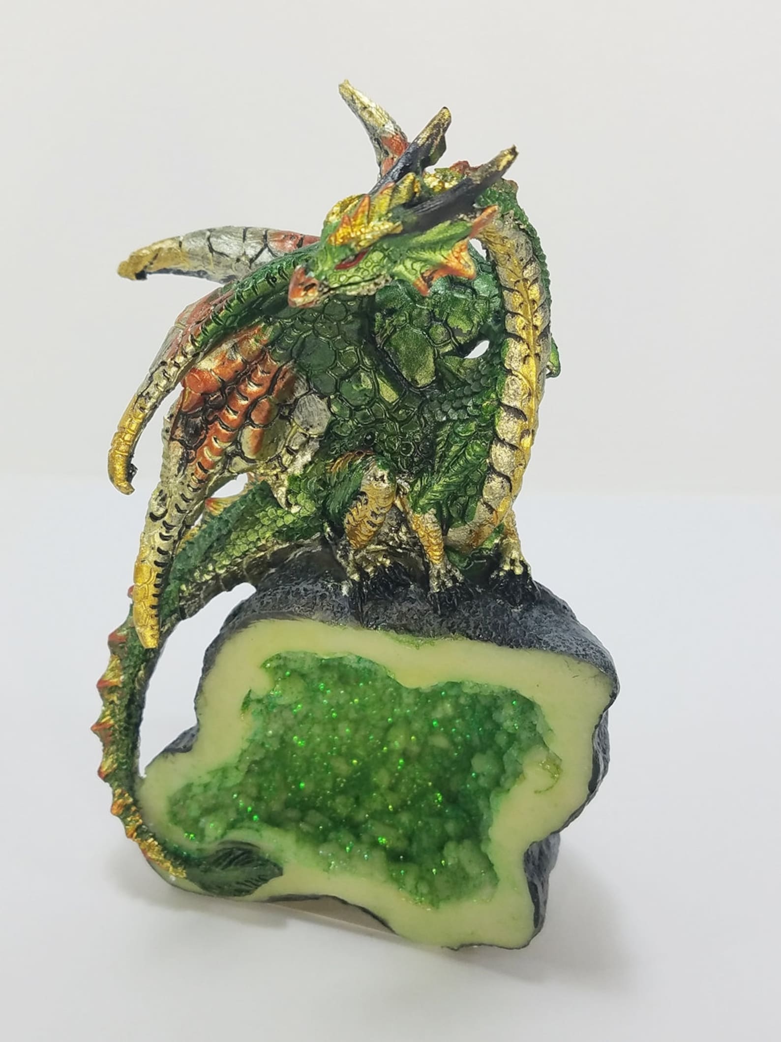 Green Multi Color Dragon Figurine on a Resin Crystal Geode 5.25" High ...