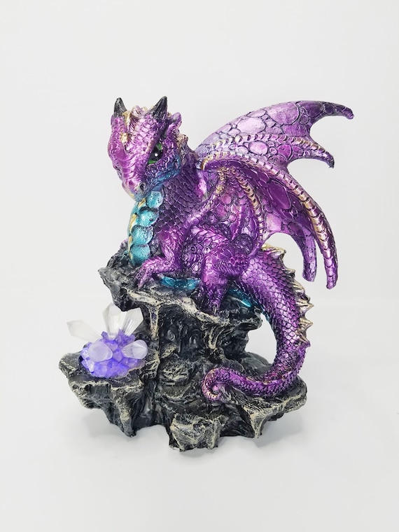 Purple Blue Color Dragon With Led Figurine on a Resin Rock - Etsy
