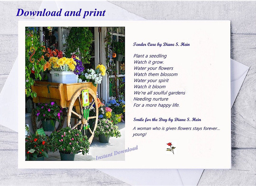 Printable Greeting Card, Flower Cart, Instant Download, Flowers, Poem ...