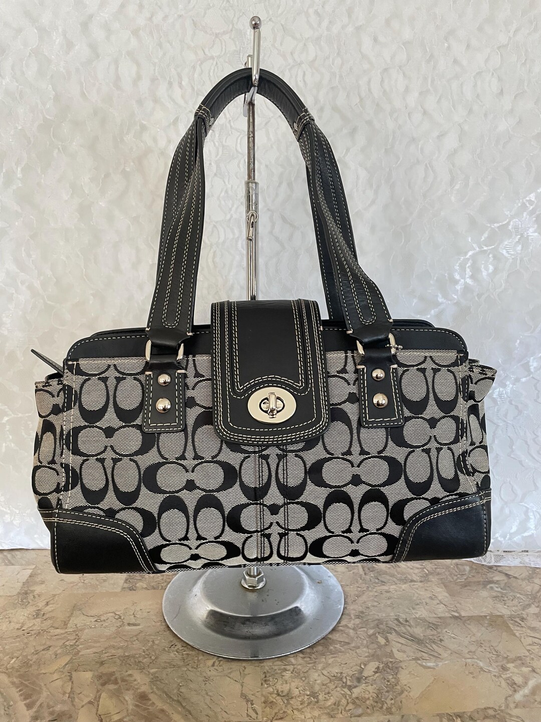 Coach Hamptons Signature C Canvas Leather Black Expandable Satchel ...