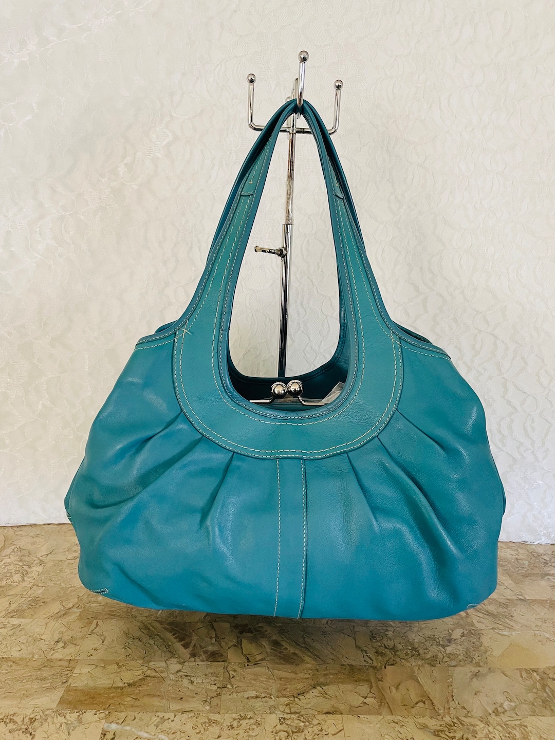 Coach Ergo Pleated Blue Leather Shoulder Bag W/kisslock Closure - Etsy