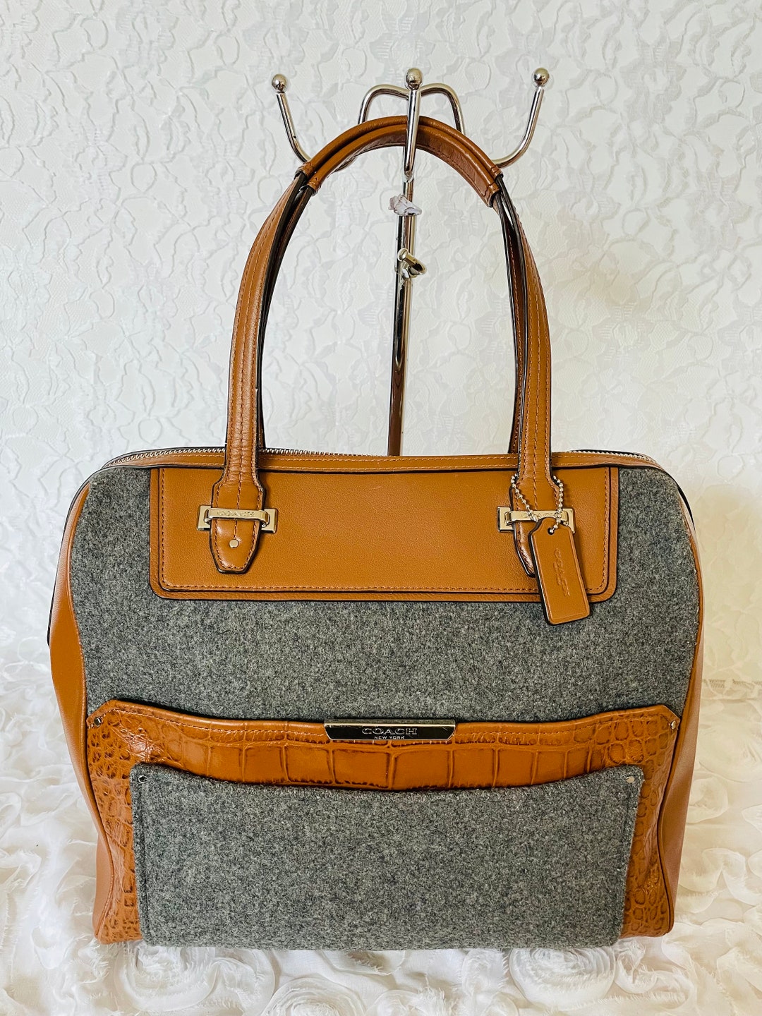 Coach Bowler Saddle/gray Wool Leather Satchel Shoulder Bag / Satchel ...