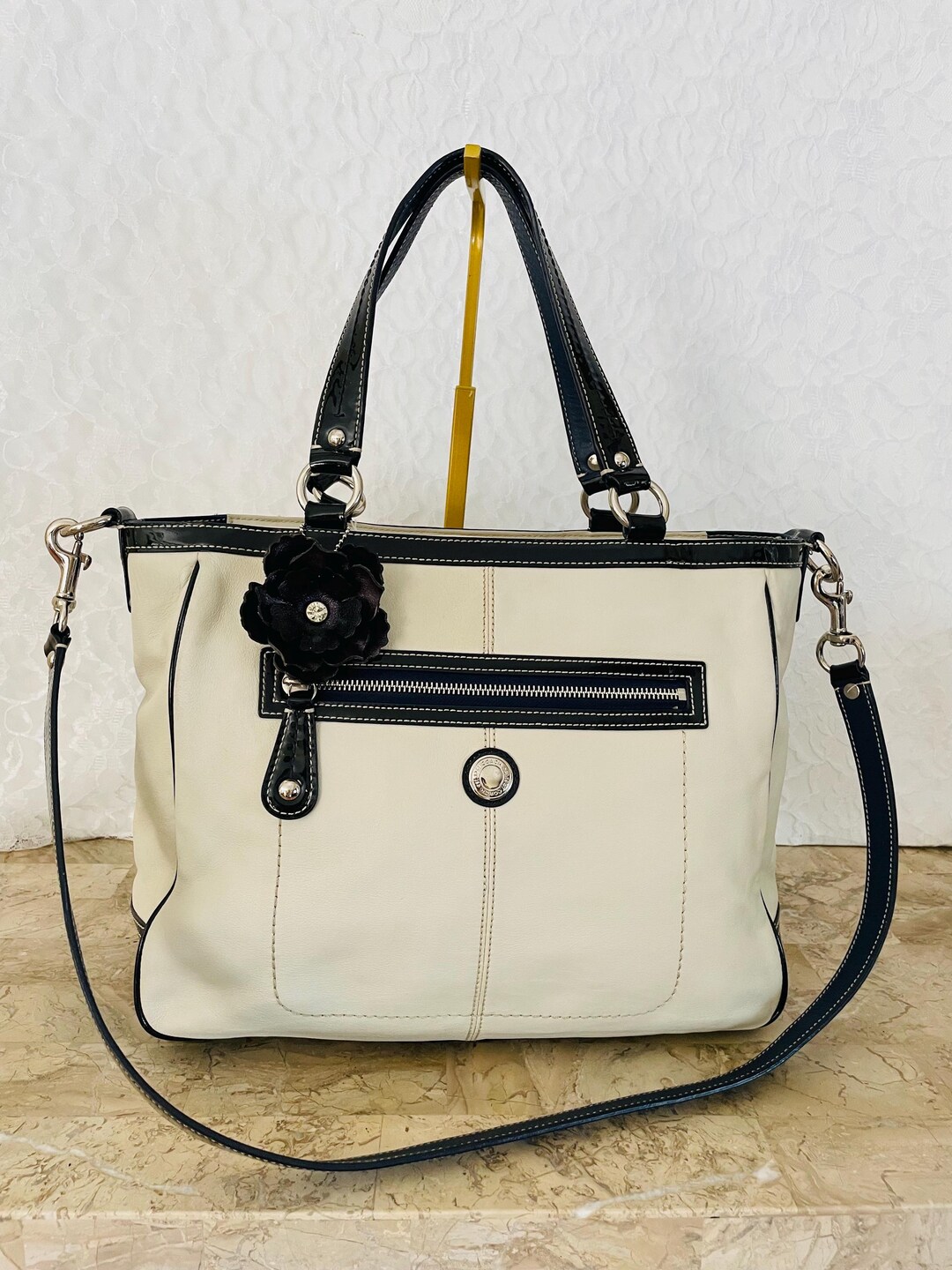 Vintage Coach Laura Large Black/off White Leather Shoulder Bag Tote ...