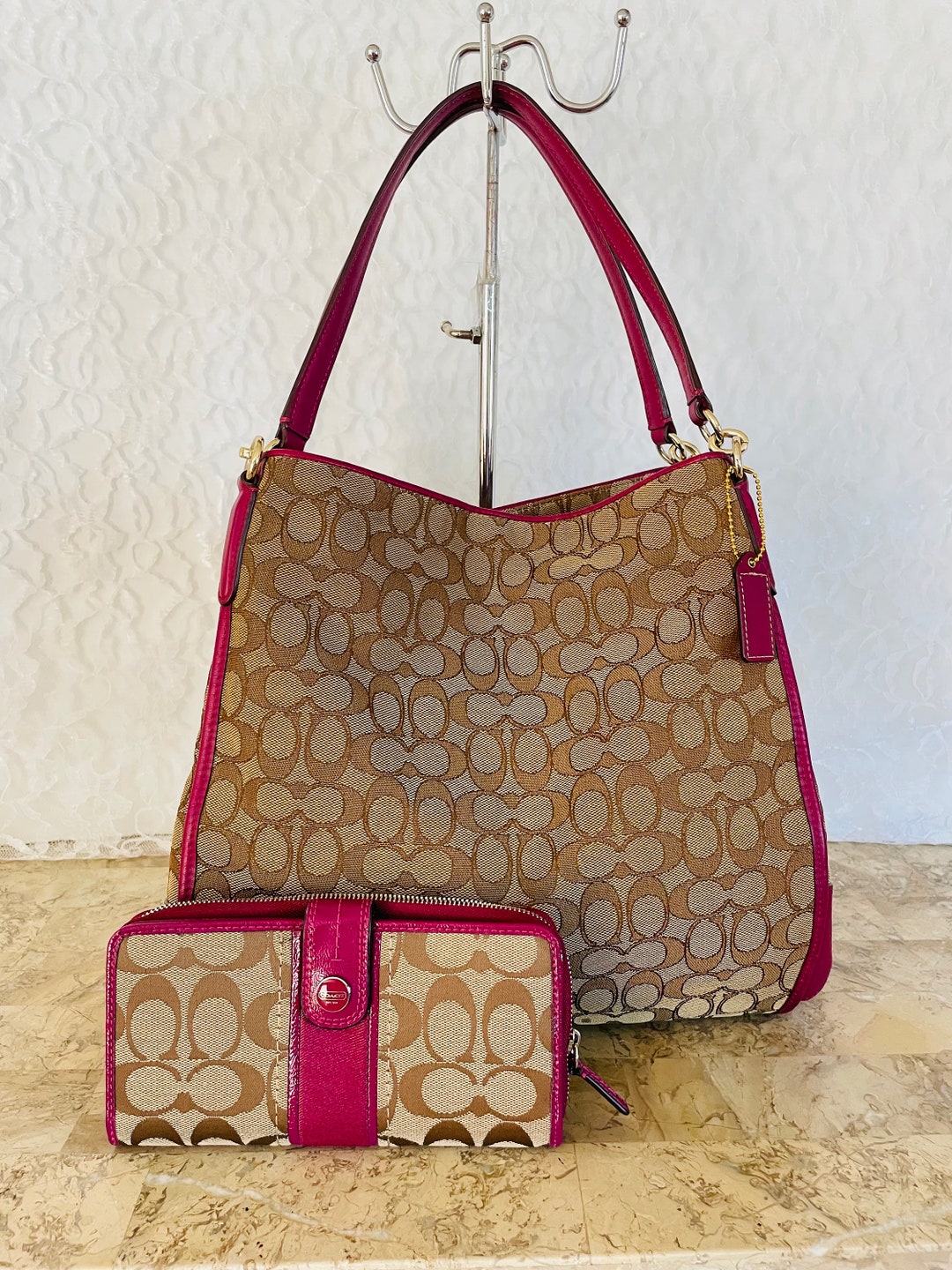 Set/bundle Coach Phoebe Canvas Leather Hobo Shoulder Bag and Wallet ...