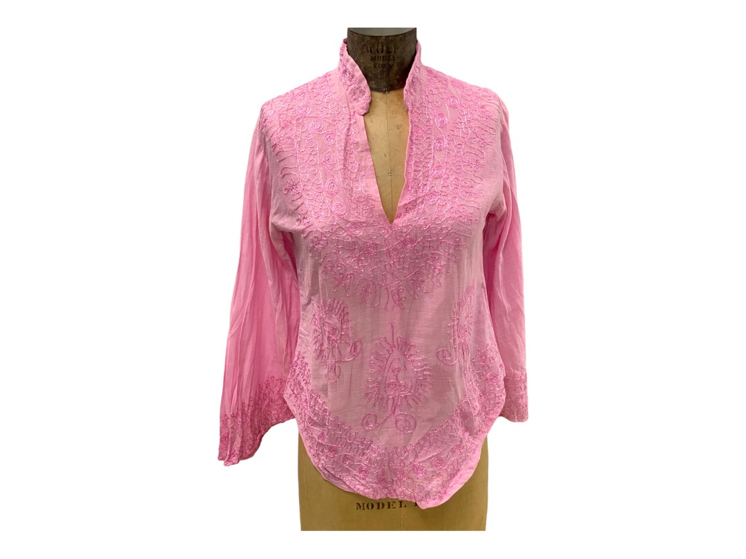 70s Boho Hippy Style Pink Cotton Vintage Embroidered Shirt Top - Etsy