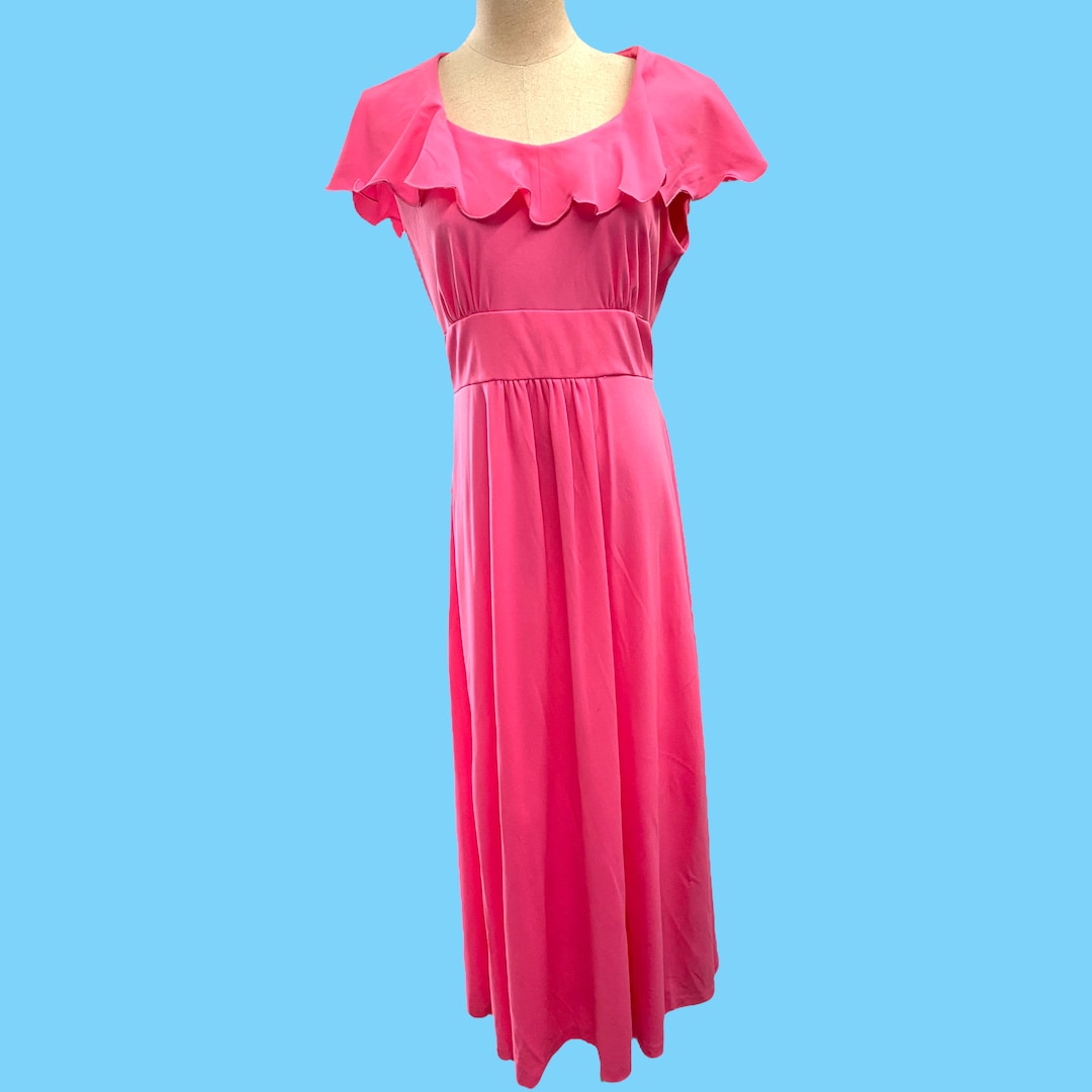 Vintage 70's Fortrel Polyester Pink Maxi Empire Waist Evening Dress ...
