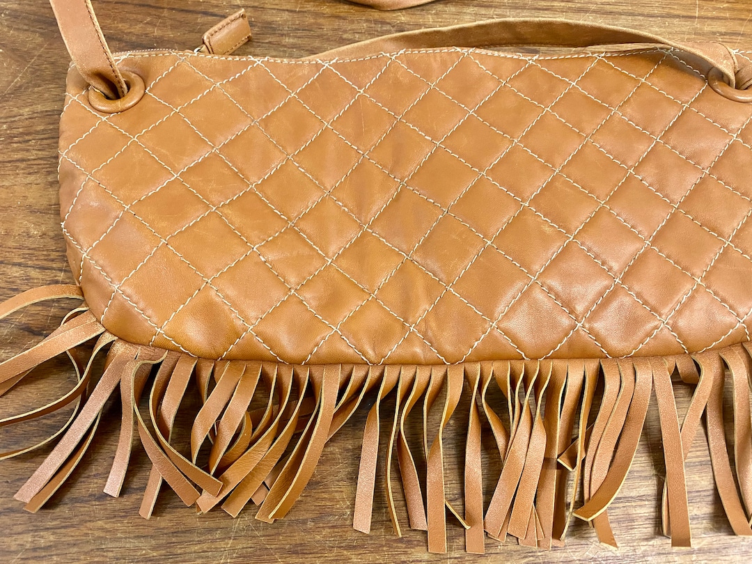 Vintage Lederer Tan Leather Quilted Fringed Shoulder Bag Purse Made in ...