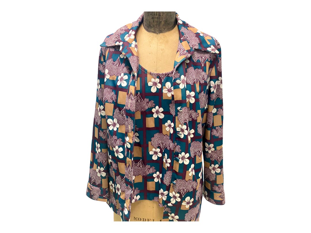Vintage 70er Jahre hell Retro Poly Stricken Blumen Jacke & Top groß ...