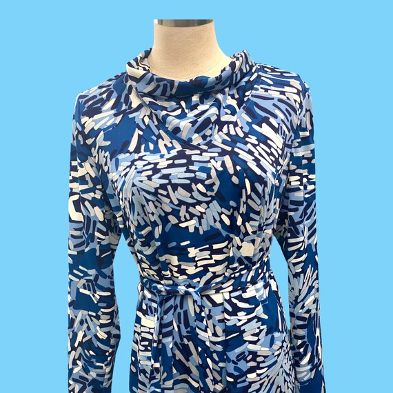 Vintage 1970s Mod Pattern Blue White Secretarial Dres… - Gem