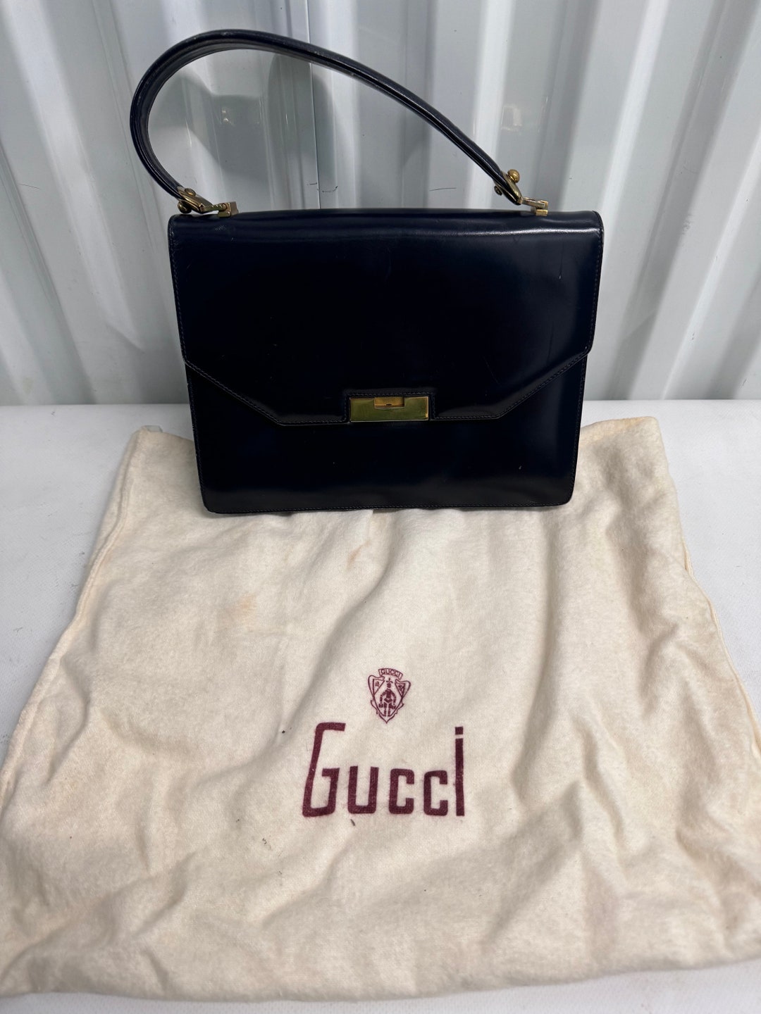 Vintage 1960s / 70s Gucci Black Leather Hand Bag W/ Red Leather Lining ...