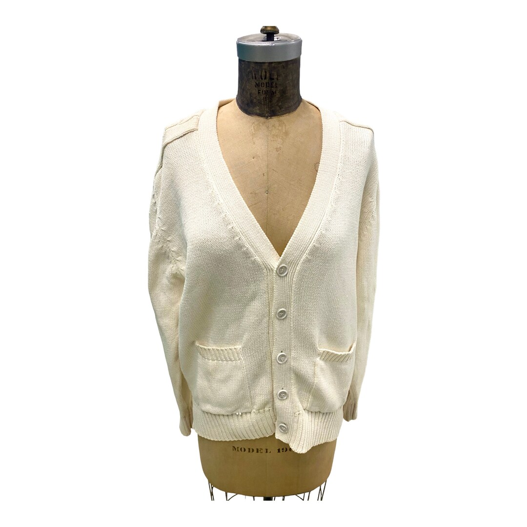 Vintage Mens White Cotton Cardigan Sweater B. Altman Med New Old Stock ...
