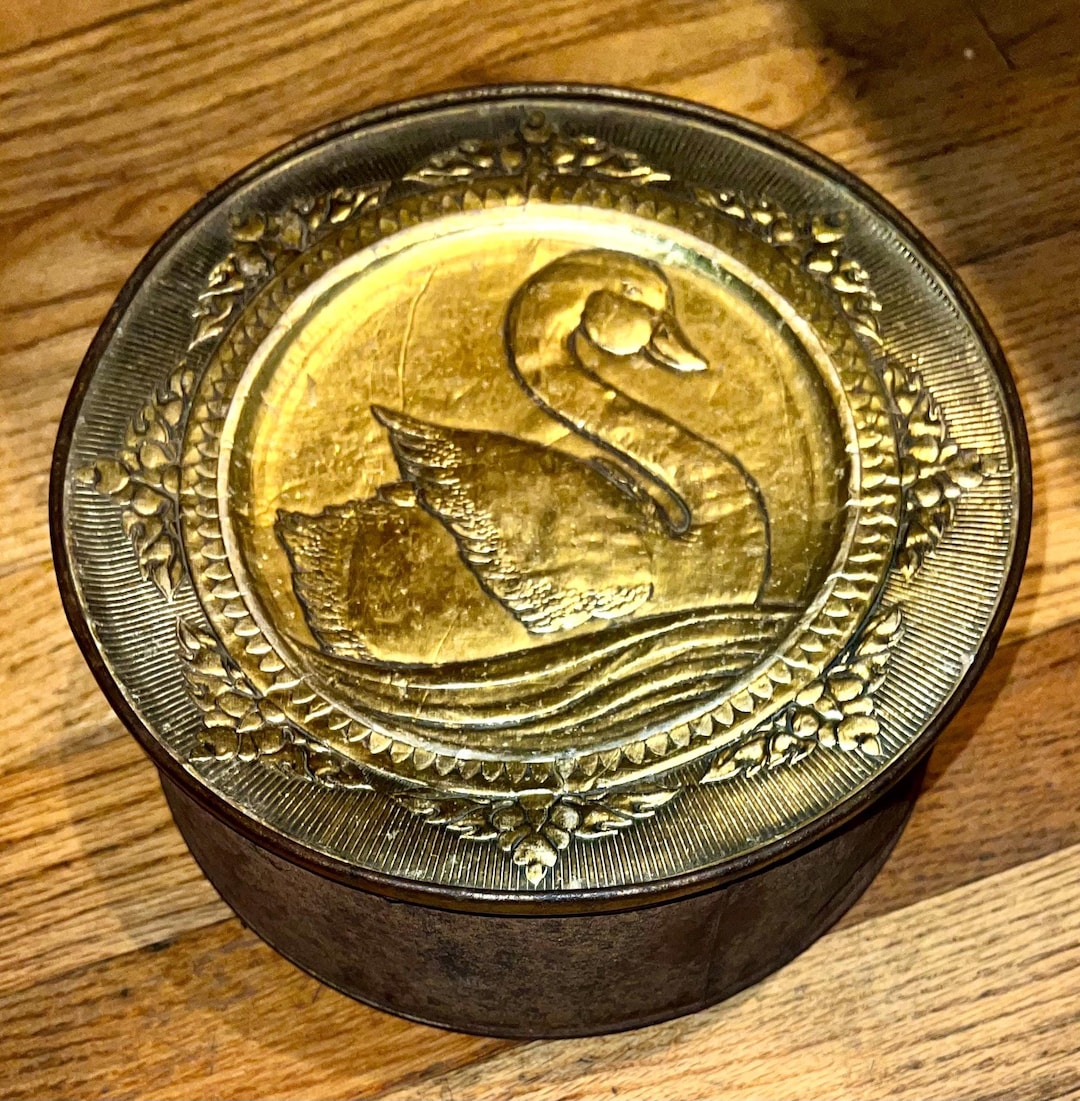 Vintage Swan Cookie Tin. Button Holder. Big Round Storage Tin With a ...