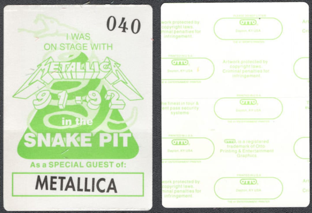 Metallica 1991-1992 Snake Pit Tour Backstage Passes "i Was on Stage ...