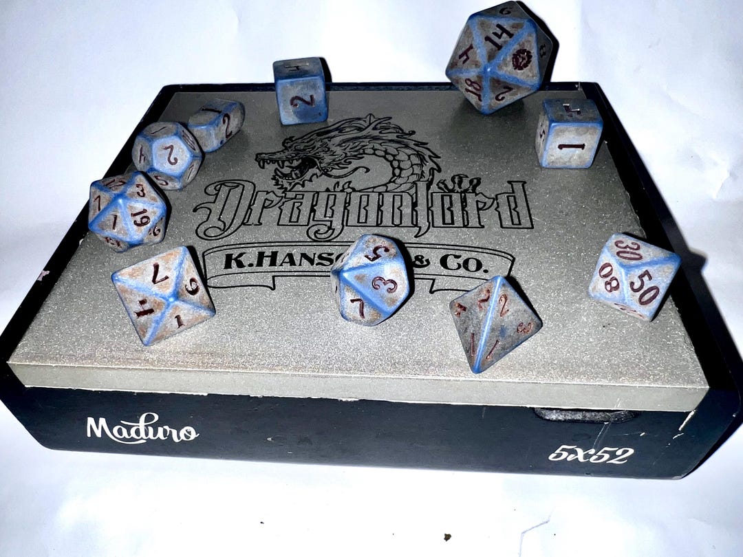 DND Dice and Dice Box. Dungeons and Dragons Old Metal Gray and Blue ...