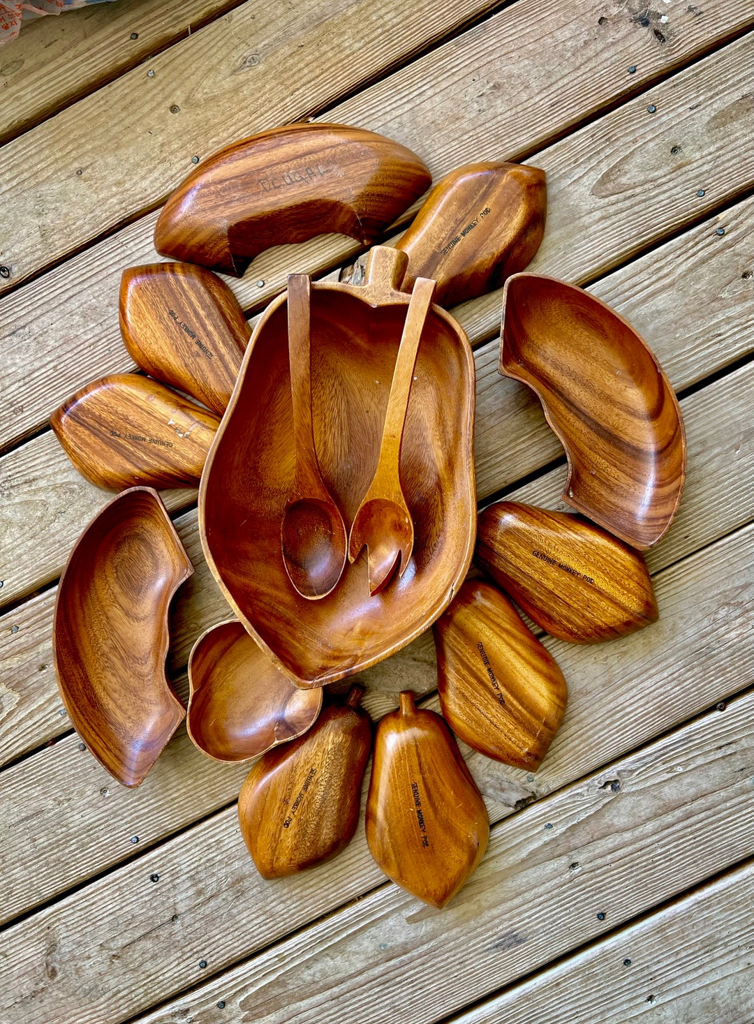Genuine Monkey Pod 14 Piece Wooden Bowel Salad Serving Set. Vintage ...