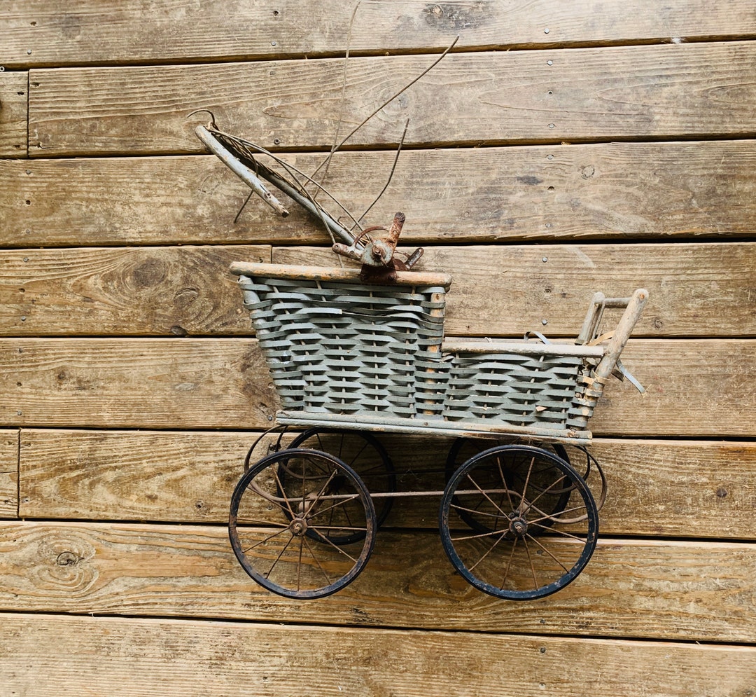 Antique Baby Doll Wicker Stroller. Vintage Restoration Project. Metal ...