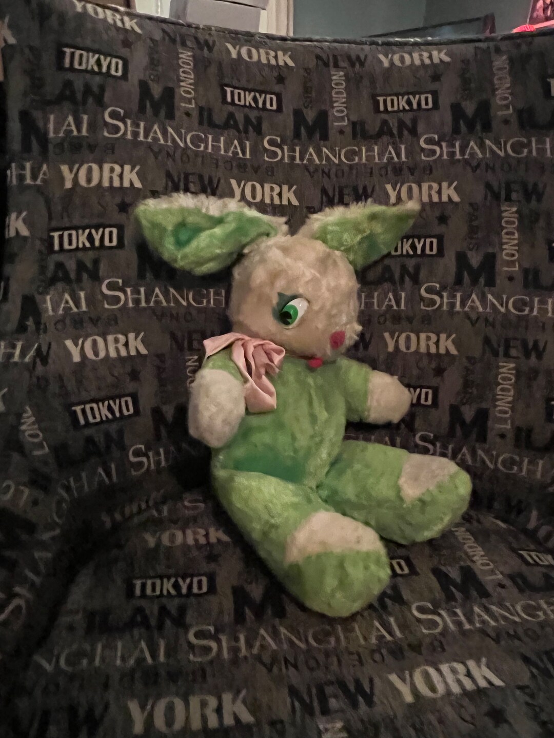 Bunny Rabbit Plushie Big Eyed Green and White. Vintage Stuffed Animals ...