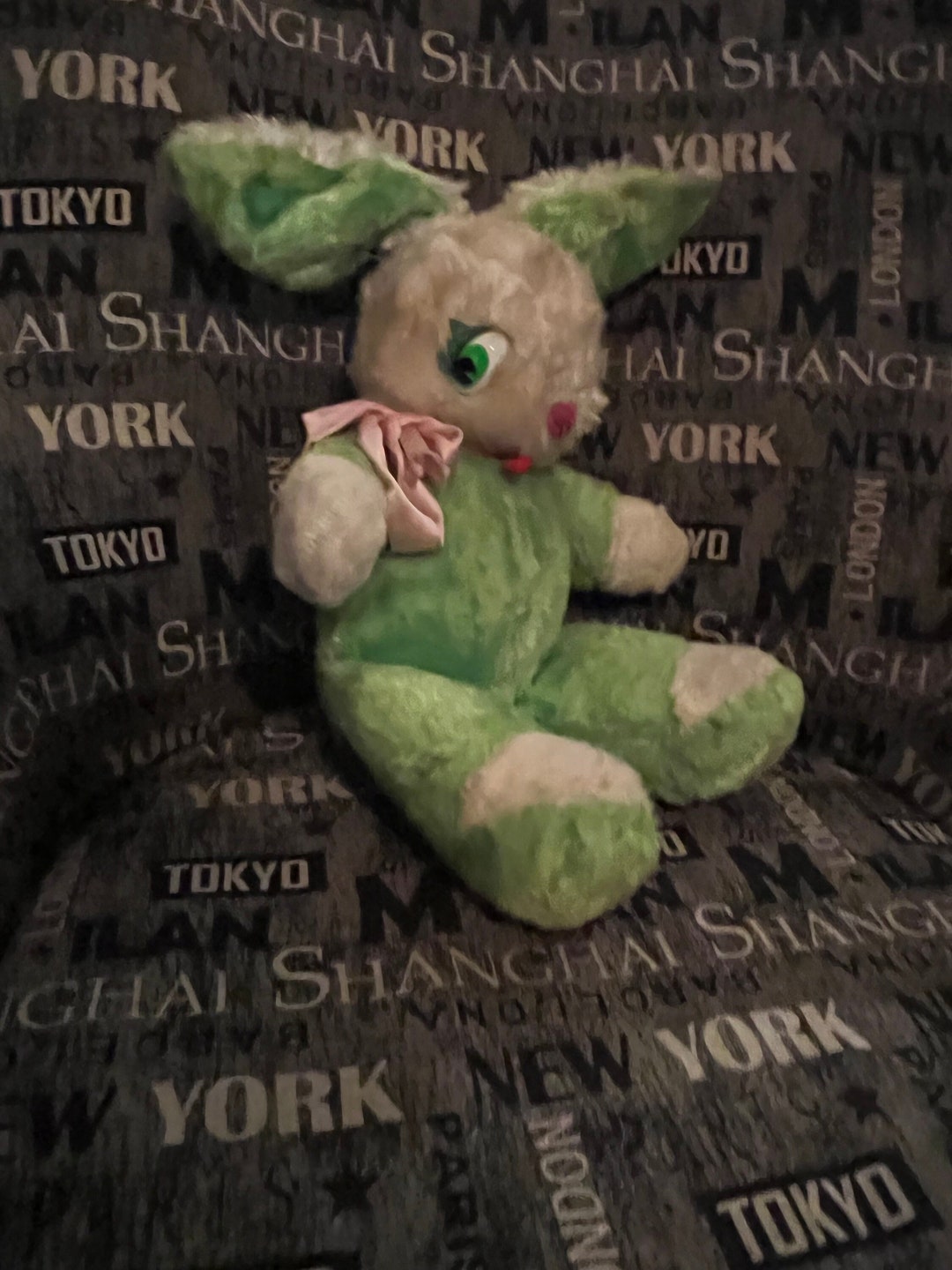 Bunny Rabbit Plushie Big Eyed Green and White. Vintage Stuffed - Etsy