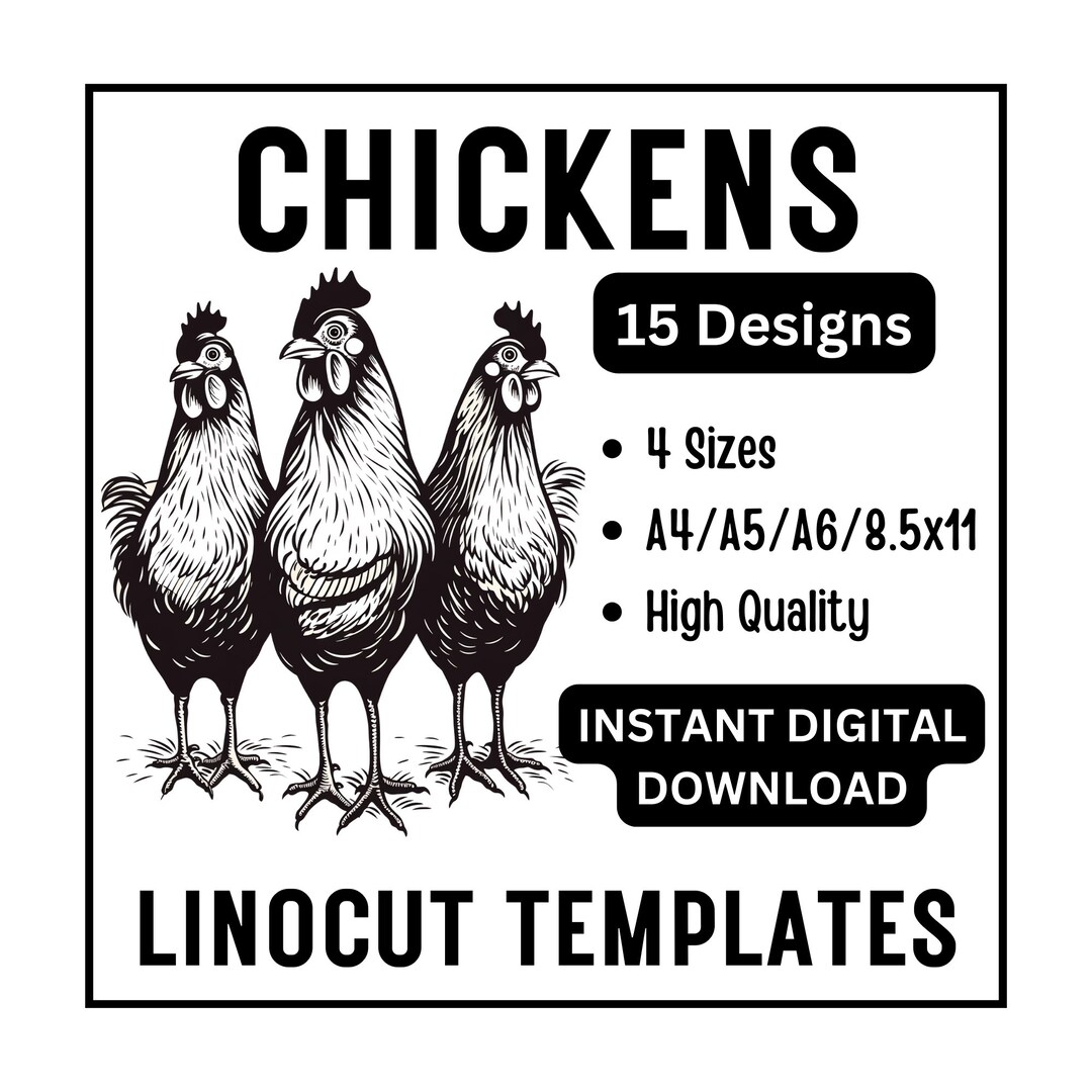 15 Chicken Hen Rooster Linocut Woodcut Tracing Designs - A4 A5 A6 & US ...