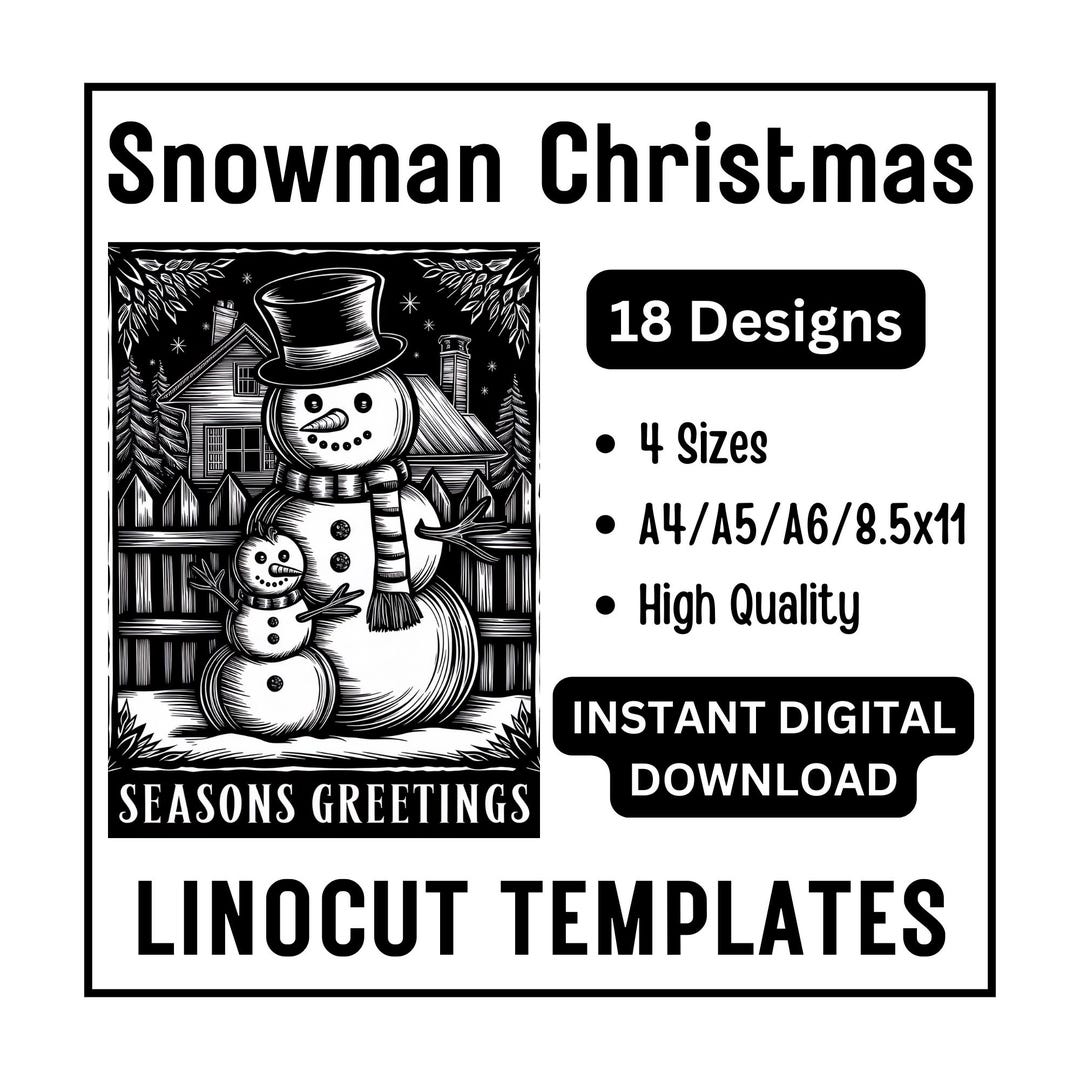 18 Christmas Snowman Linocut Woodcut Tracing Designs - A4 A5 A6 & US ...