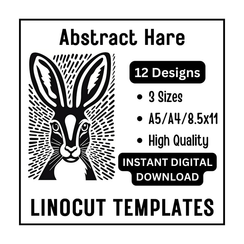 12 Abstrakte Wildtiere Hase Linolschnitt Holzschnitt Designs - A4 A5 ...