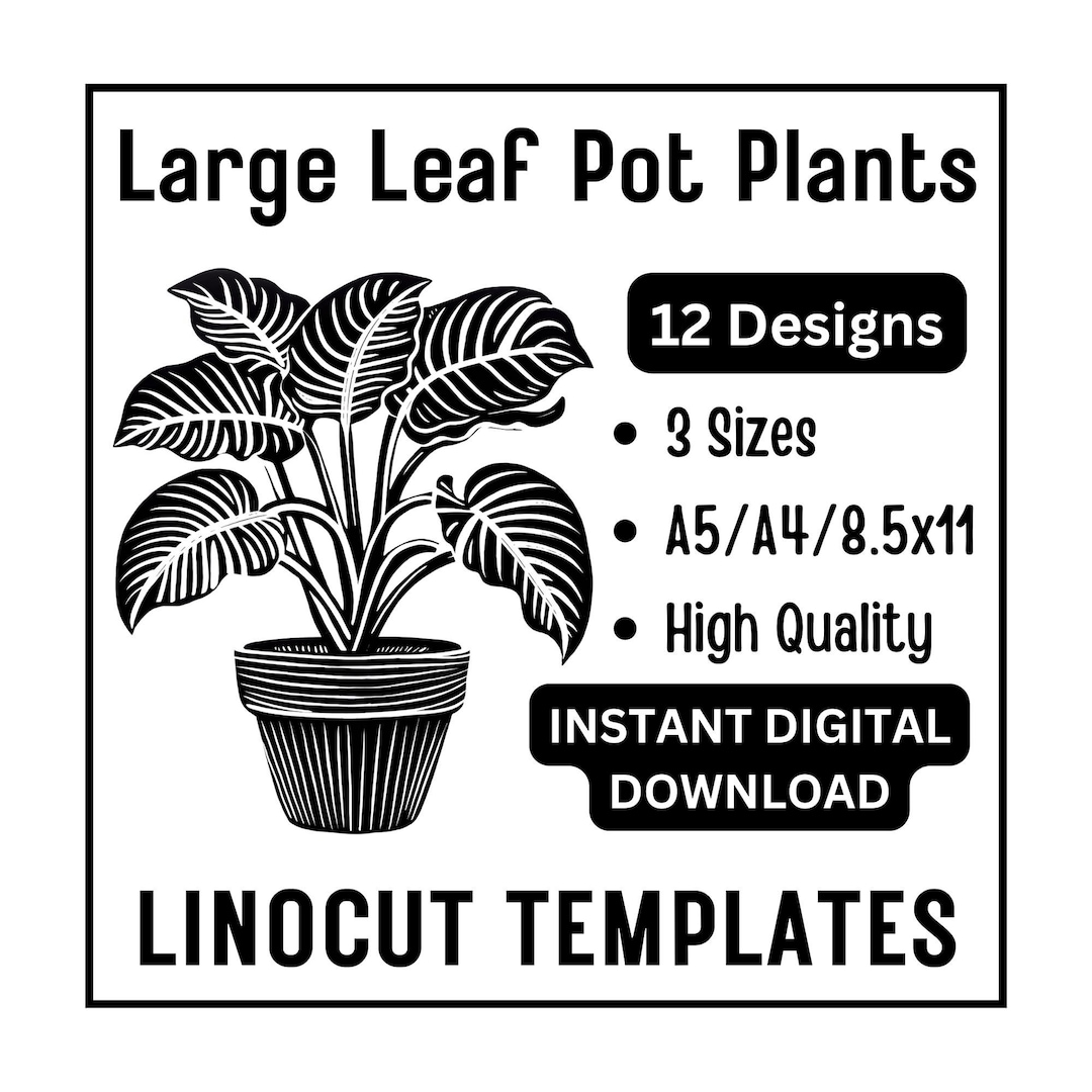 12 Large Leaf Plants Linocut Woodcut Tracing Designs - A4 A5 Letter ...