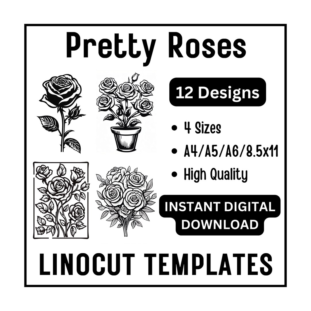 12 Pretty Rose Flowers Linocut Woodcut Tracing Designs - A4 A5 A6 & US ...