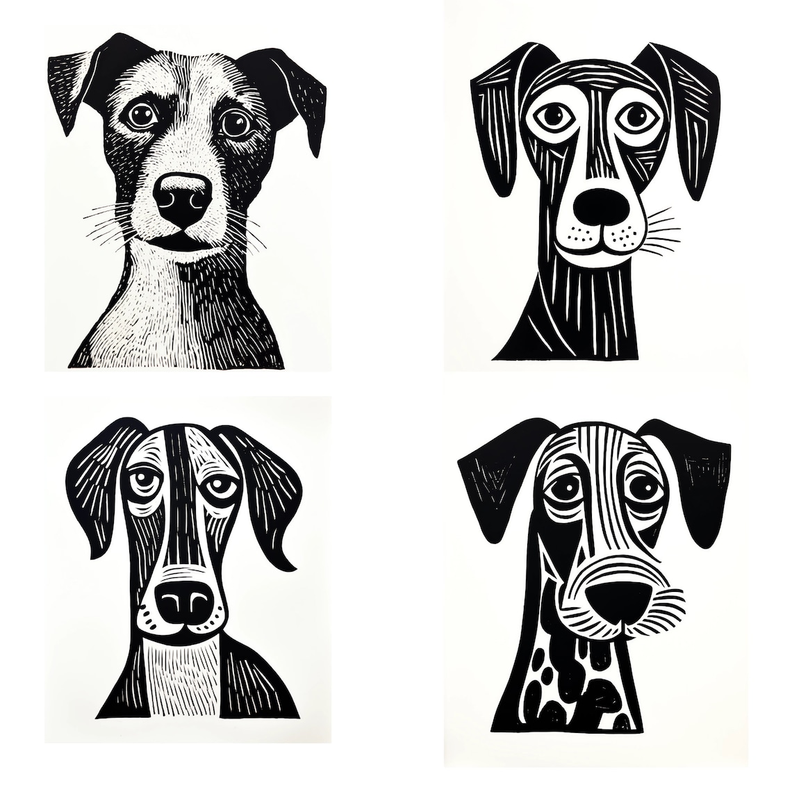 12 Abstract Funny Dogs Linocut Woodcut Tracing Designs - A4 A5 Letter ...