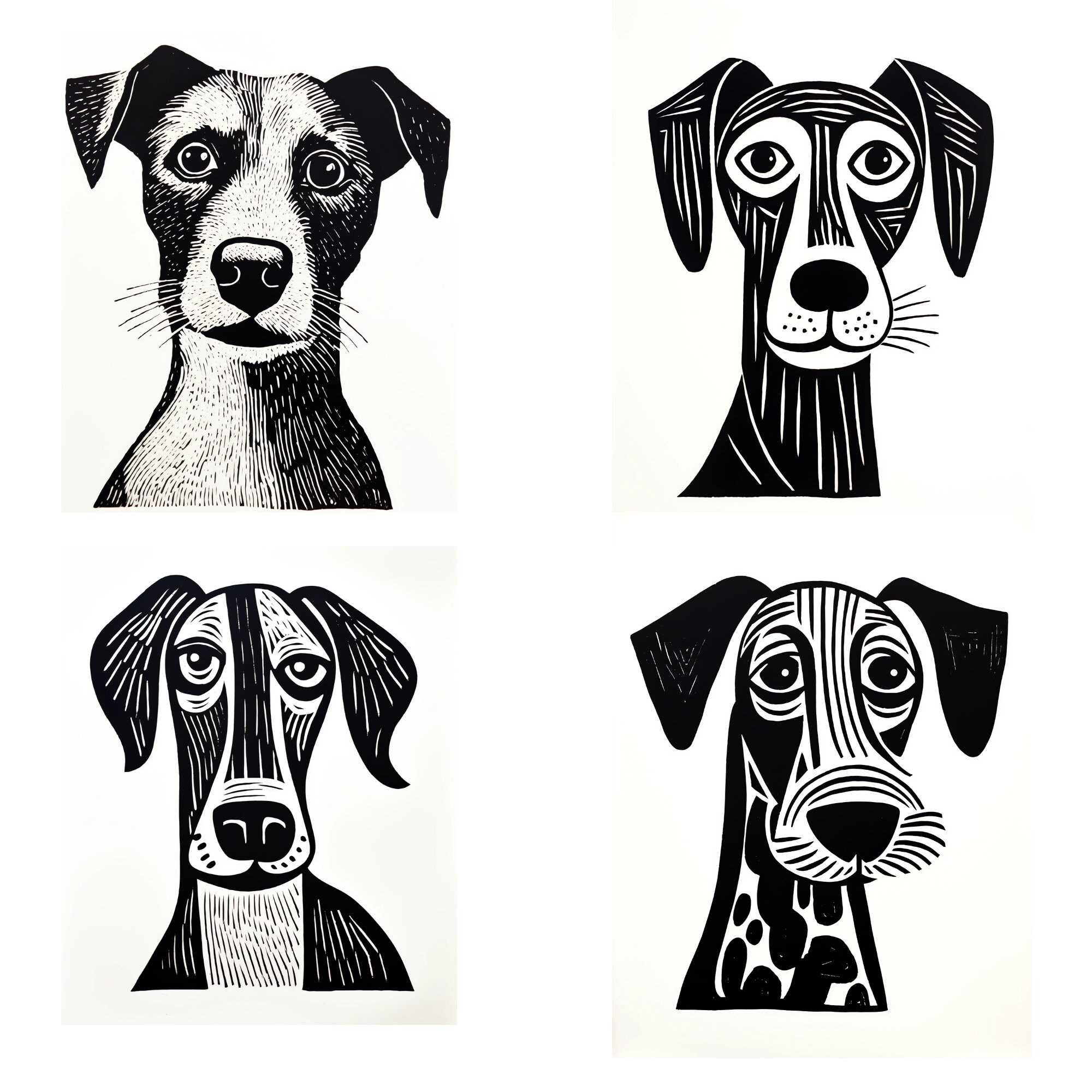 12 Abstract Funny Dogs Linocut Woodcut Tracing Designs - A4 A5 Letter ...
