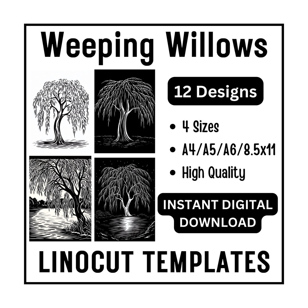 12 Weeping Willow Tree Linocut Woodcut Tracing Designs - A4 A5 A6 & US ...