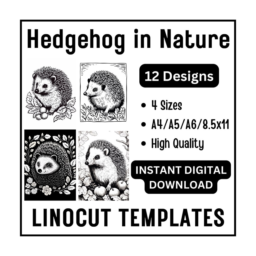 12 Hedgehogs in Nature Linocut Woodcut Tracing Designs A4 A5 A6 & US ...