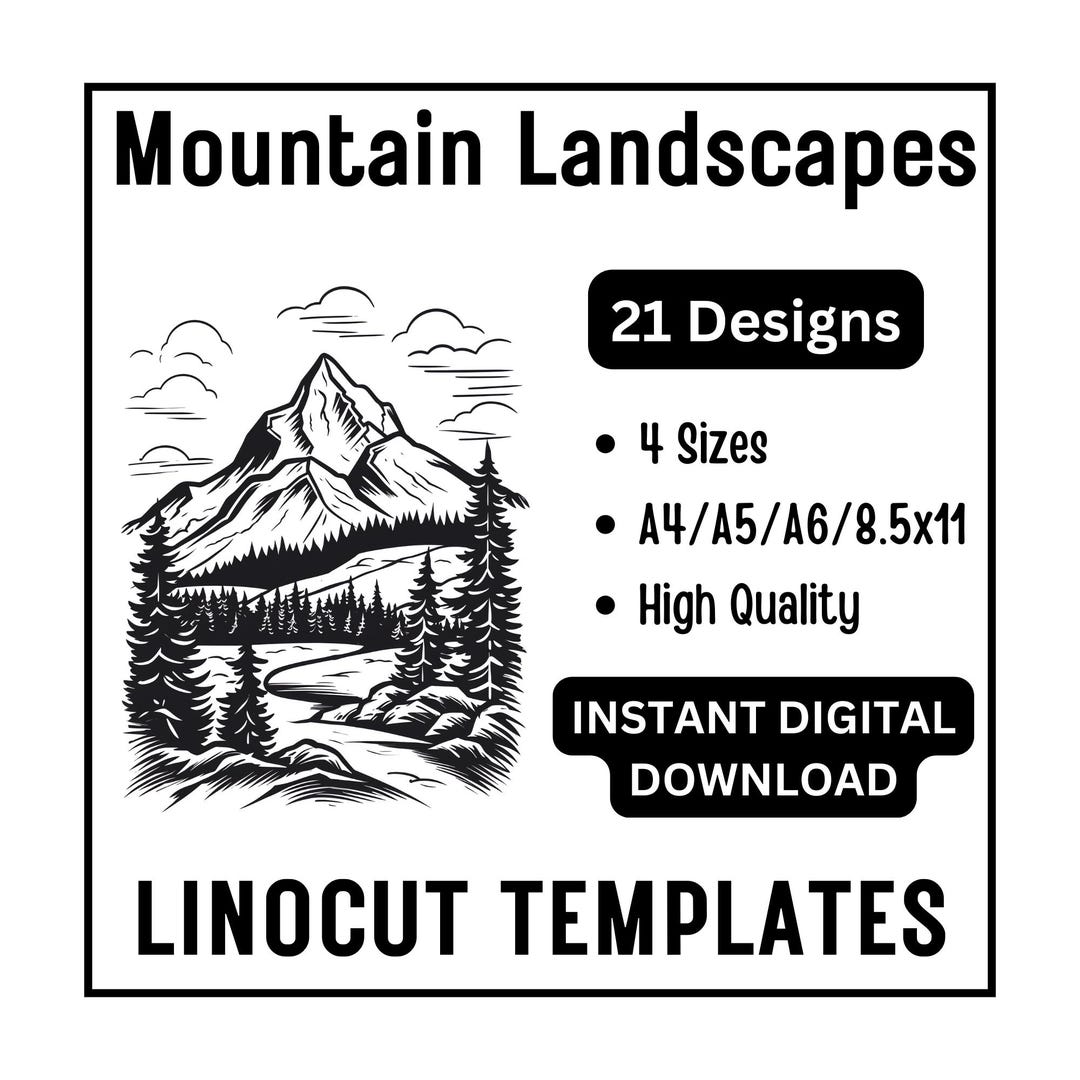 21 Mountain Landscape Linocut Woodcut Tracing Designs - A4 A5 A6 & US ...