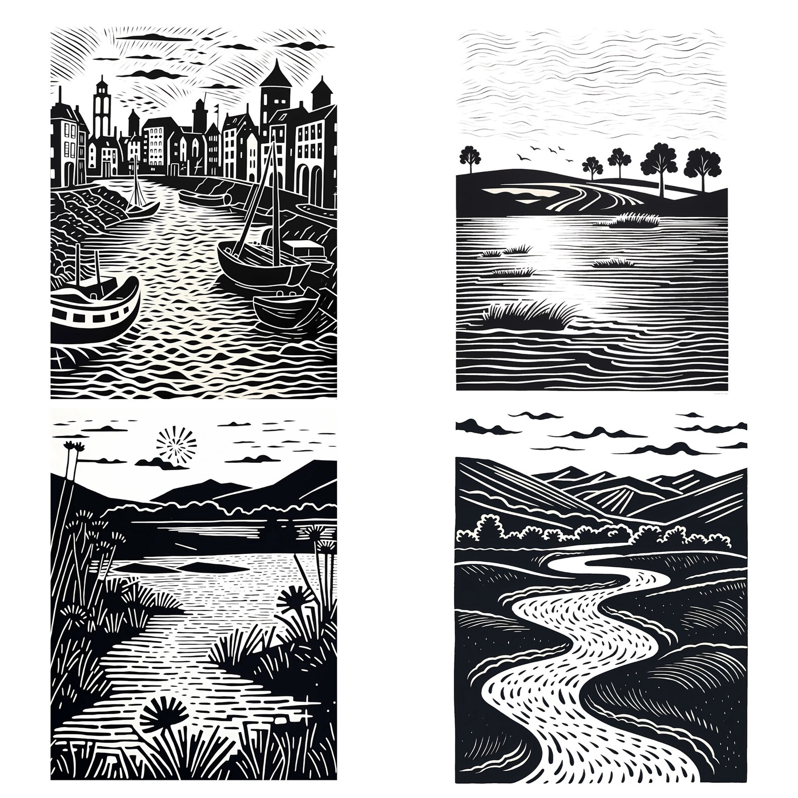 12 Waterscape Linocut Woodcut Tracing Designs - A4 A5 Letter Sizes ...