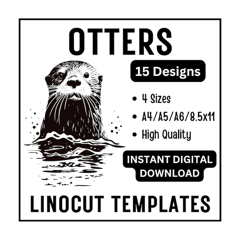 15 Otter Linocut Woodcut Tracing Designs - A4 A5 A6 & US Letter Size JPG Download - Lino Carving ...