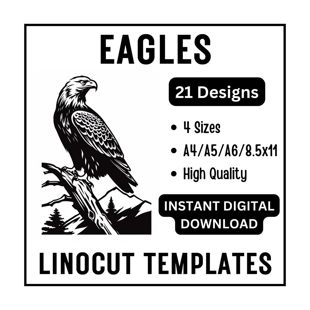 21 Eagle Bird Linocut Woodcut Tracing Template Design - A4 A5 A6 & US ...