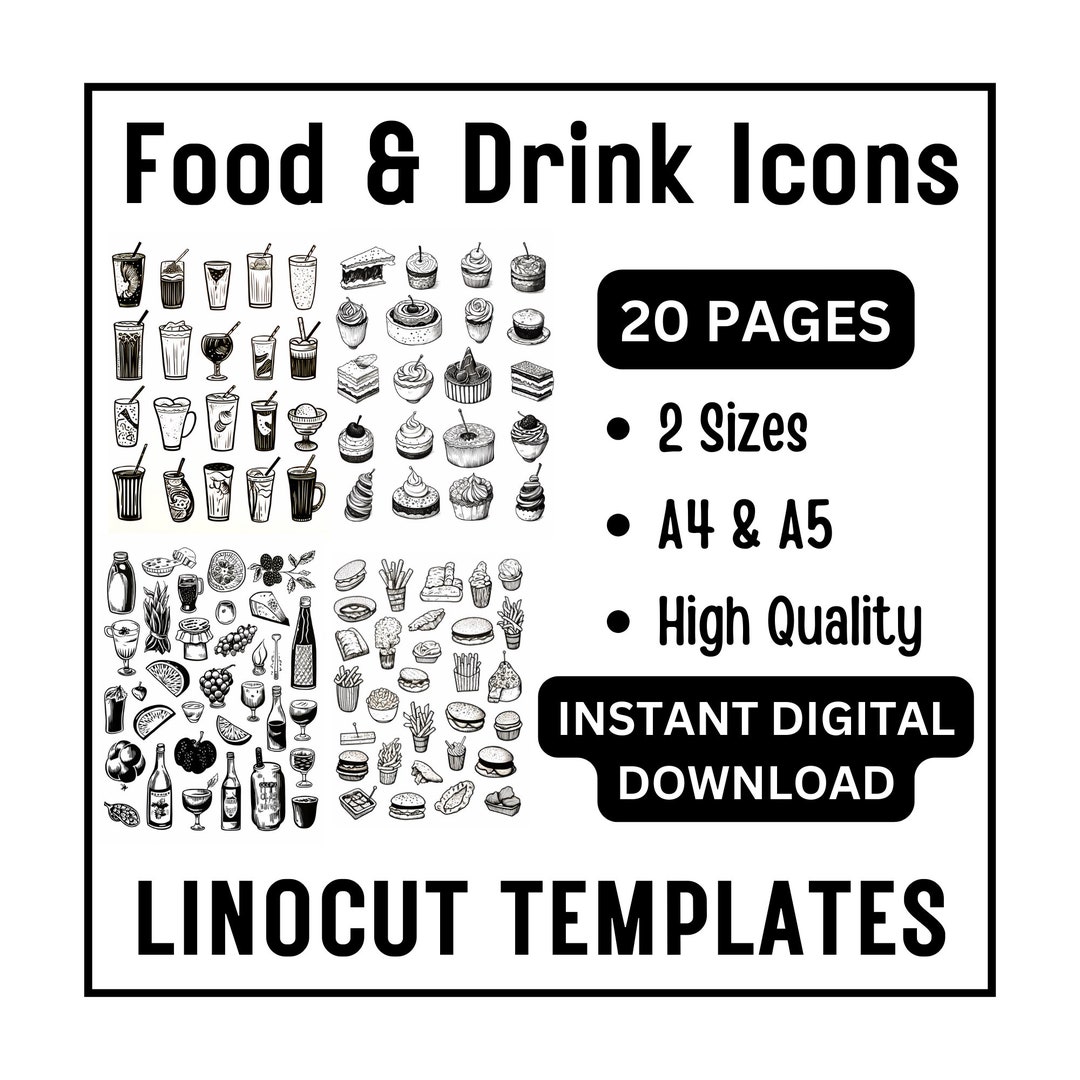 20 Pages of Food & Drink Small Icons for Linocut Woodcut Tracing - A4 ...