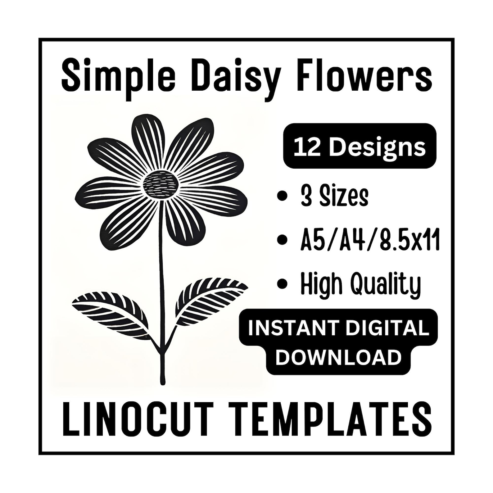 12 Simple Daisy Flowers Linocut Woodcut Tracing Designs - A5/a4/8.5x11 ...
