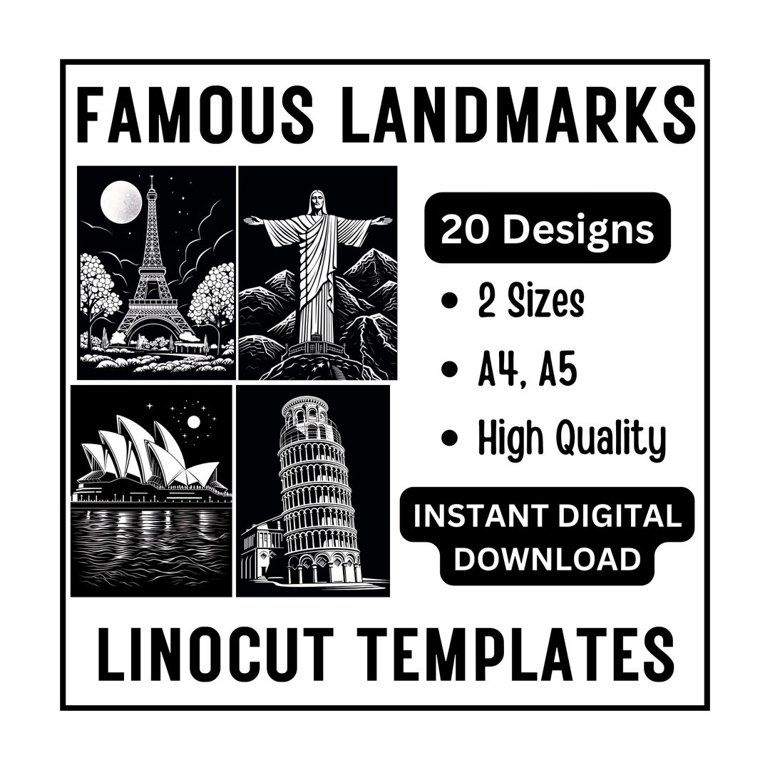 20 Famous Landmarks Linocut Woodcut Tracing Designs & Coloring Pages ...