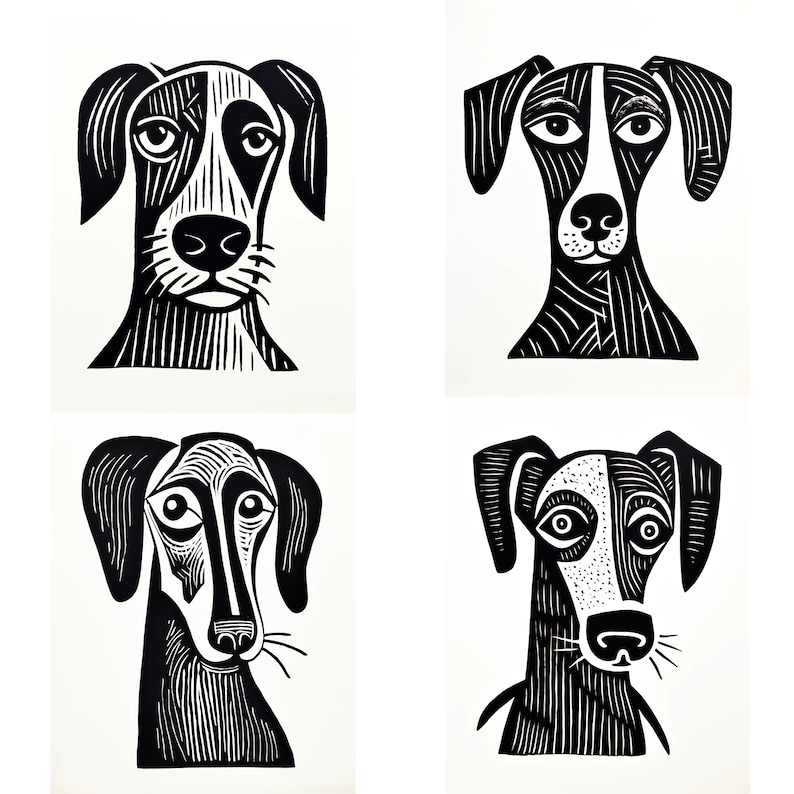 12 Abstract Funny Dogs Linocut Woodcut Tracing Designs - A4 A5 Letter ...