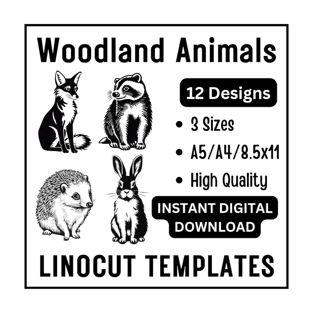 12 Woodland Animals Linocut Woodcut Tracing Designs - Fox, Rabbit ...