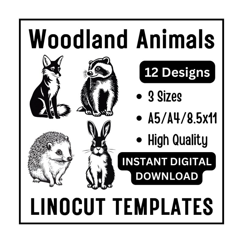 12 Woodland Animals Linocut Woodcut Tracing Designs - Fox, Rabbit ...