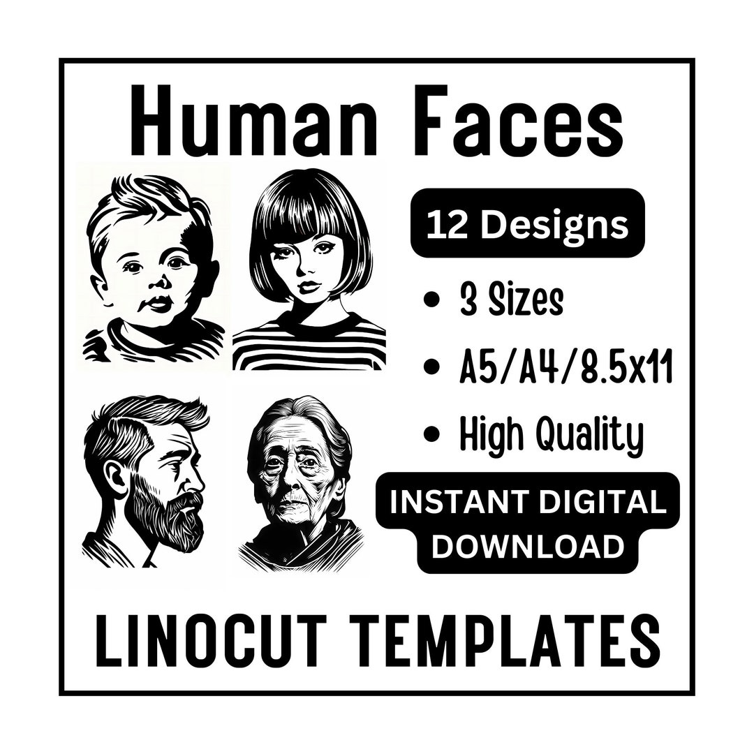 12 Human Face Linocut Woodcut Tracing Designs - A4 A5 Letter Sizes ...