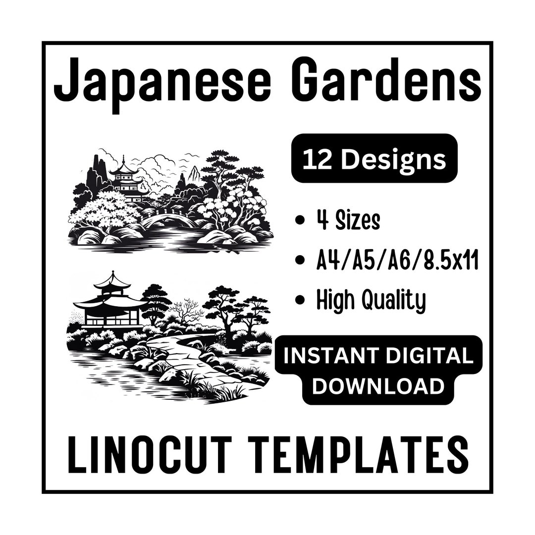 12 Japanese Garden Linocut Woodcut Tracing Designs - A4 A5 A6 & US ...